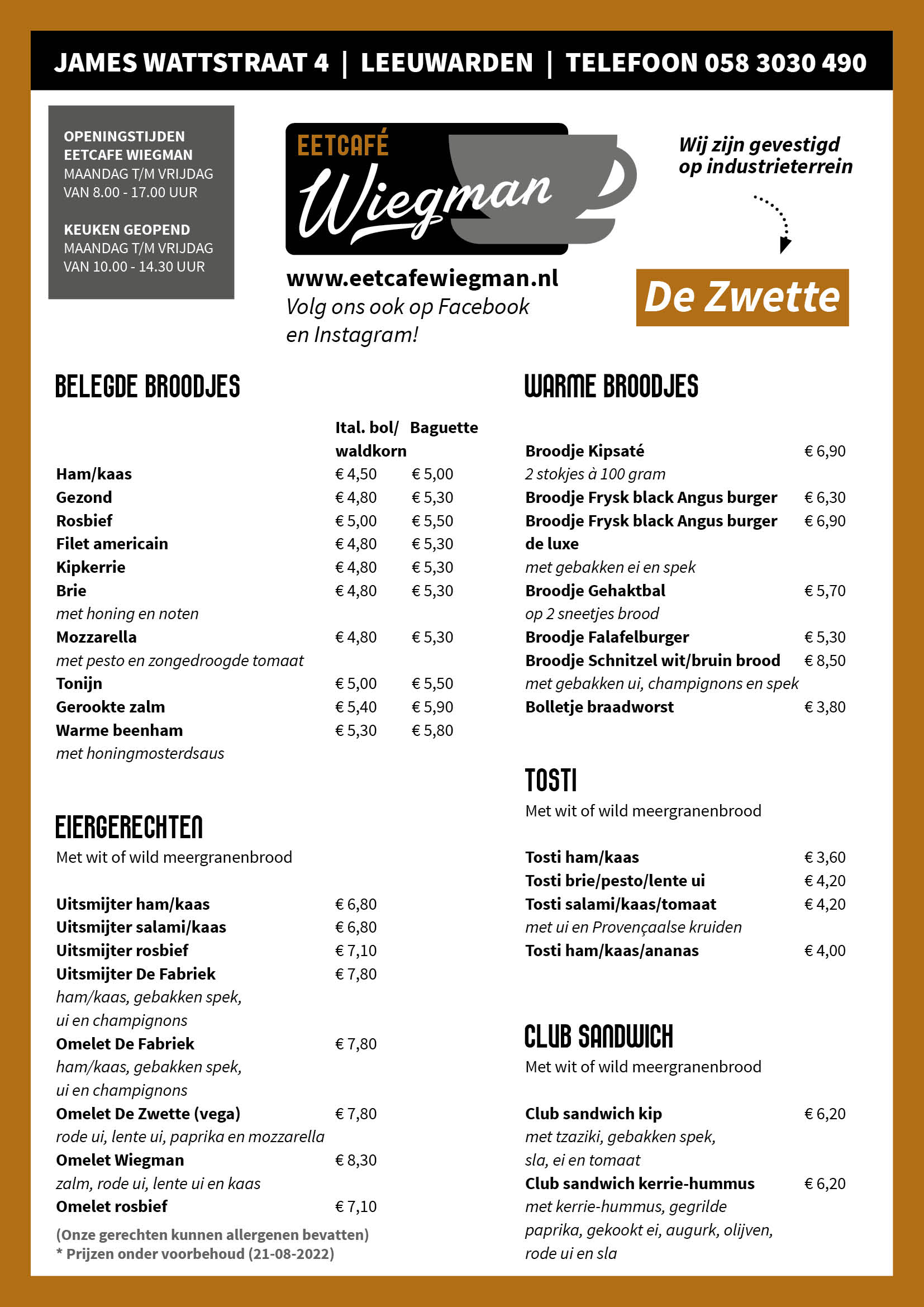 Menukaart – Eetcafé Wiegman
